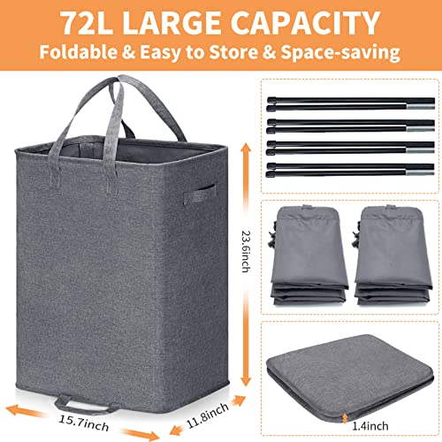 GhvyenntteS Large Freestanding Laundry Hamper Collapsible Laundry Basket with 2 Removable Bags, Sturdy Clothes Hamper with Bottom Plate and Metal Wire Frame for Bathroom Laundry Room, Grey
