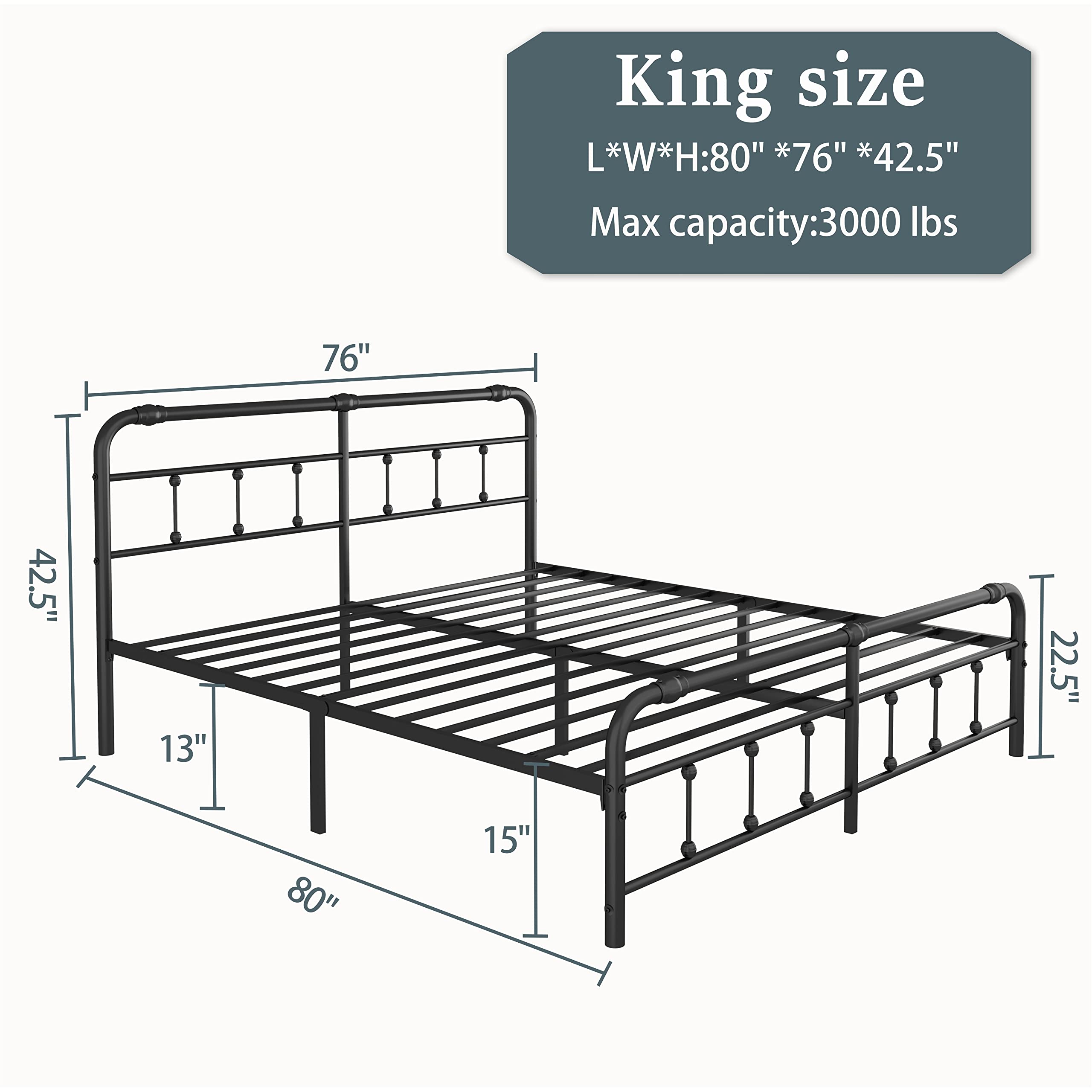 Yalemoll King-Size-Bed-Frame and-Headboard - 15 Inch High Metal Platform,No Box Spring Needed,Easy Assembly(Black)