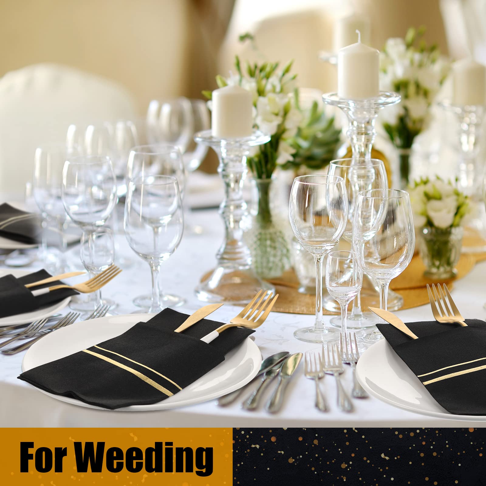 Roshtia 50 Pack Dinner Napkins Disposable Linen Feel Dinner Napkins with Built-in Flatware Pocket Gold Trim Lined Pre Folded Paper for Wedding Party (Black,Gold)