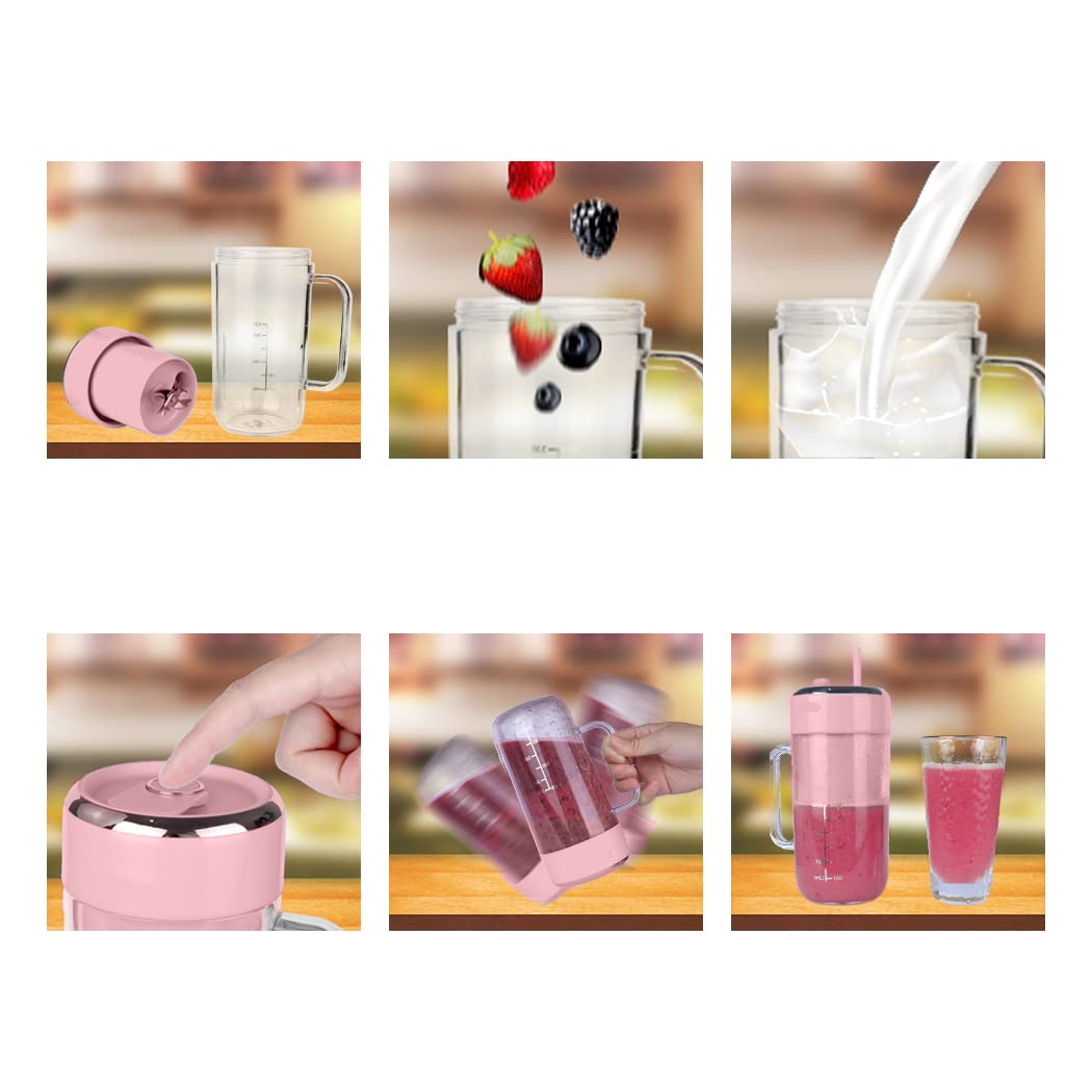 Portable Mini Blender for Shakes and Smoothies,12oz Personal Blender with Rechargeable USB, Made with BPA-Free Material Portable Juicer, 10 Blades (Pink)