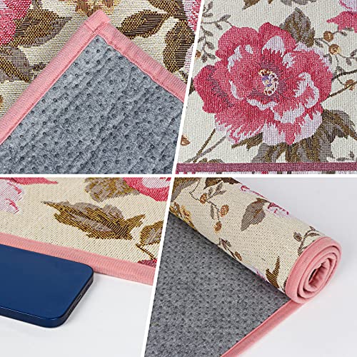 yazi Fabric Kitchen Mat Area Rug Red Striped Flower Non-Slip Rubber Backing Floomat,47x18 Inches