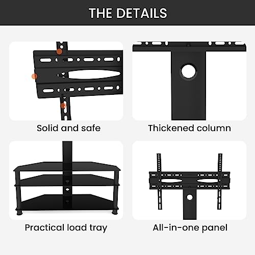 TV Floor Stand with Three Media Pallet Universal TV Stand Height Adjustment Visual Angle Rotation TV Mount Fit 32 inch to 70 inch TV Black Tempered Glass