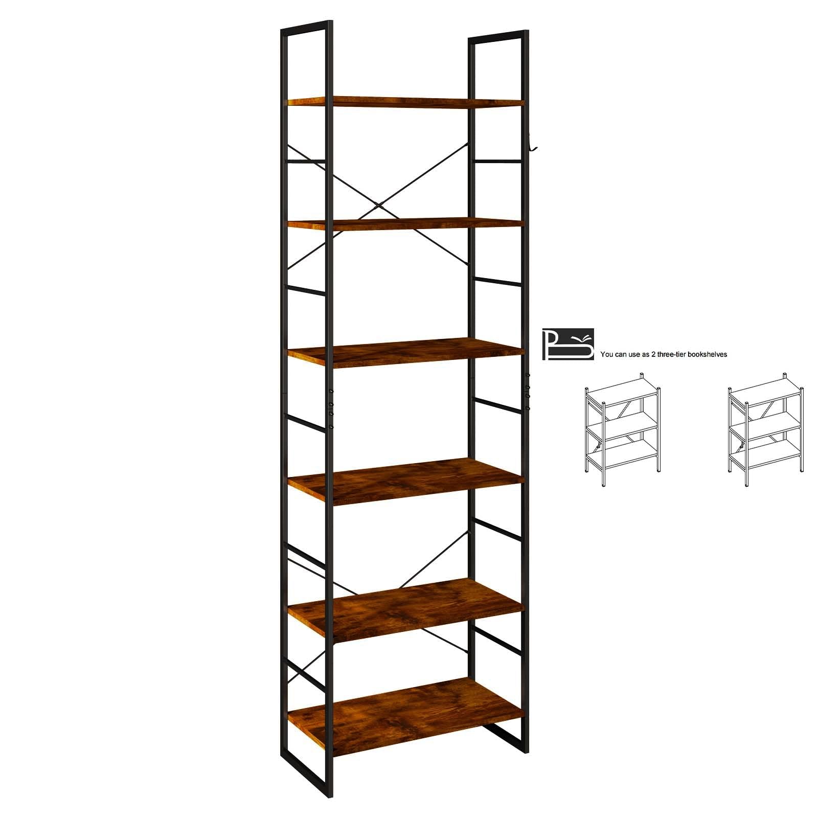 SAILUN 6 Tier Bookshelf, Free Standing Bookcase, Industrial Book Shelf with Metal Frame, Storage Rack Shelves Organizer for Bedroom, Living Room, Home Office,Rustic Brown
