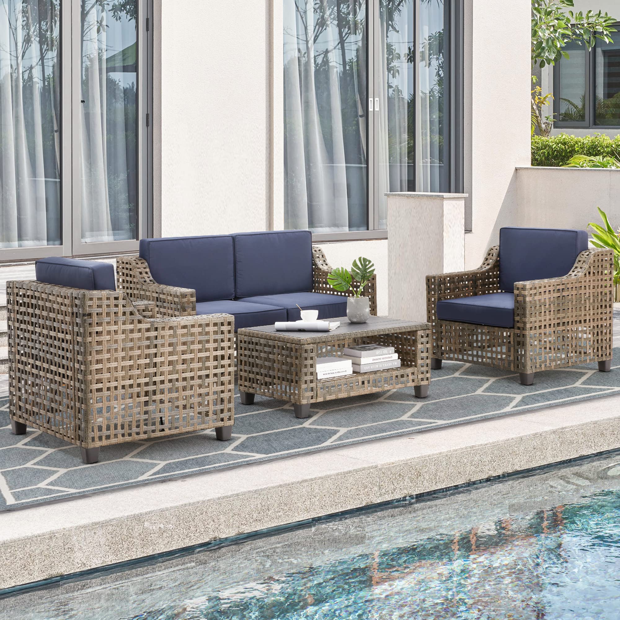 EROMMY 4 Pieces Patio Furniture Set Sofa Couch with Cushions and HDPE Table Top, Handwoven PE Wicker Rattan Patio Furniture Set for Patio, Garden, Yard, Pool, Brown and Blue