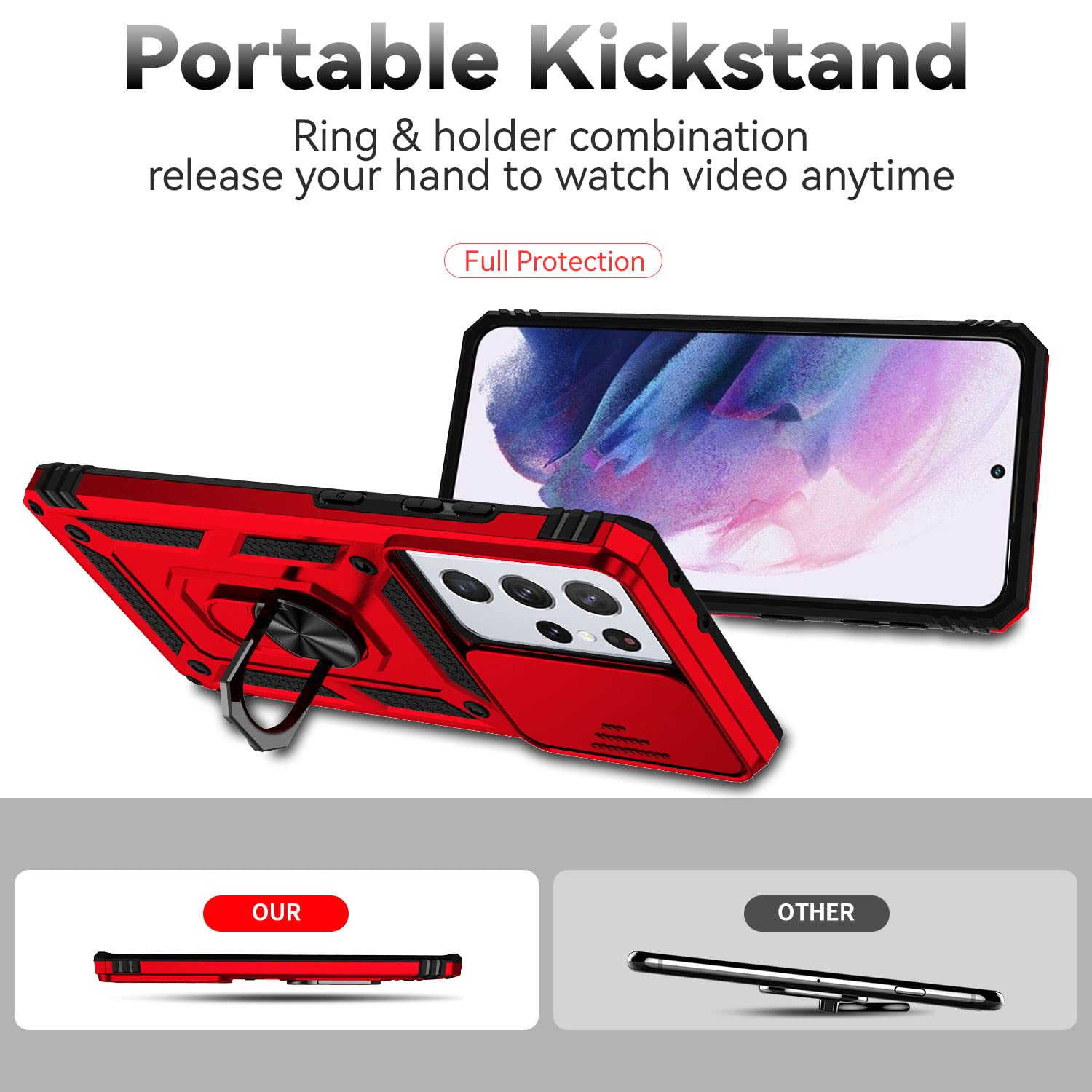 Hitaoyou Samsung Galaxy S21 Ultra Case, Galaxy S21 Ultra Case with Camera Cover & Kickstand Military Grade Shockproof Heavy Duty Protective Case for Galaxy S21 Ultra Red