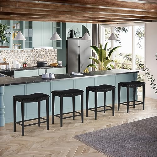 KATDANS Black Bar Stool Counter Height 24 Inches Backless Barstool for Kitchen Counter Modern Saddle Stool Velvet Nailhead Upholstered Faux Leather Stool, KS718PBK, 1Pc