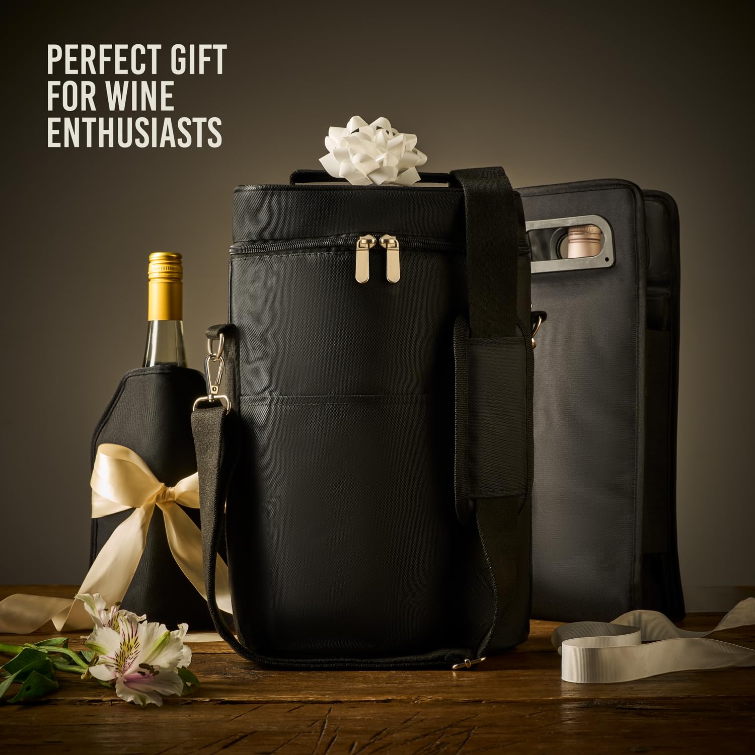 Wine Chiller Cooler Bag - Insulated Tote for 2 Bottles, Perfect Wine Accessories and Gifts, Black with Silver Buckles