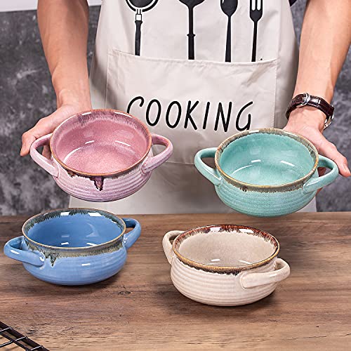 Cutiset 20 Ounce Fancy Glazed Ceramic Soup Bowls with Handles,for French Onion, Soup, Chili, Set of 4