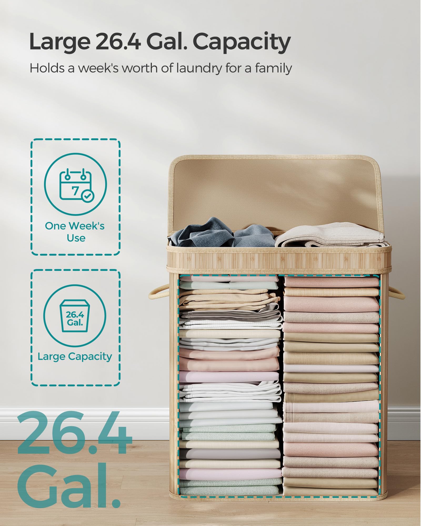 SONGMICS Laundry Hamper with Lid, Bamboo Laundry Basket, Removable Machine Washable Laundry Basket, with Handles, 26.4-Gallons, for Laundry Room, Bedroom, Bathroom, Natural Beige ULCB063N01