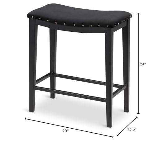 KATDANS Black Bar Stool Counter Height 24 Inches Backless Barstool for Kitchen Counter Modern Saddle Stool Velvet Nailhead Upholstered Faux Leather Stool, KS718PBK, 1Pc