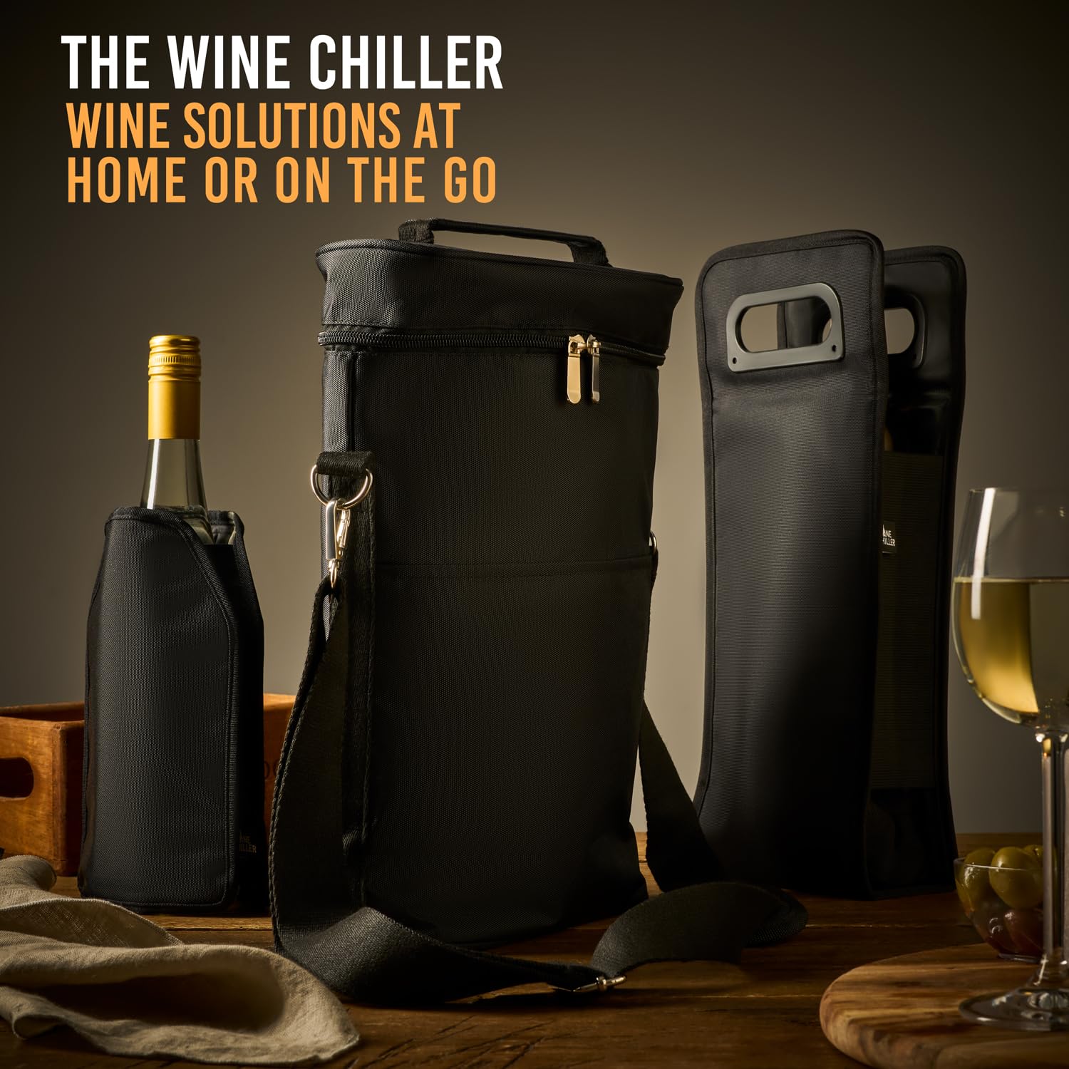 Wine Chiller Cooler Bag - Insulated Tote for 2 Bottles, Perfect Wine Accessories and Gifts, Black with Silver Buckles