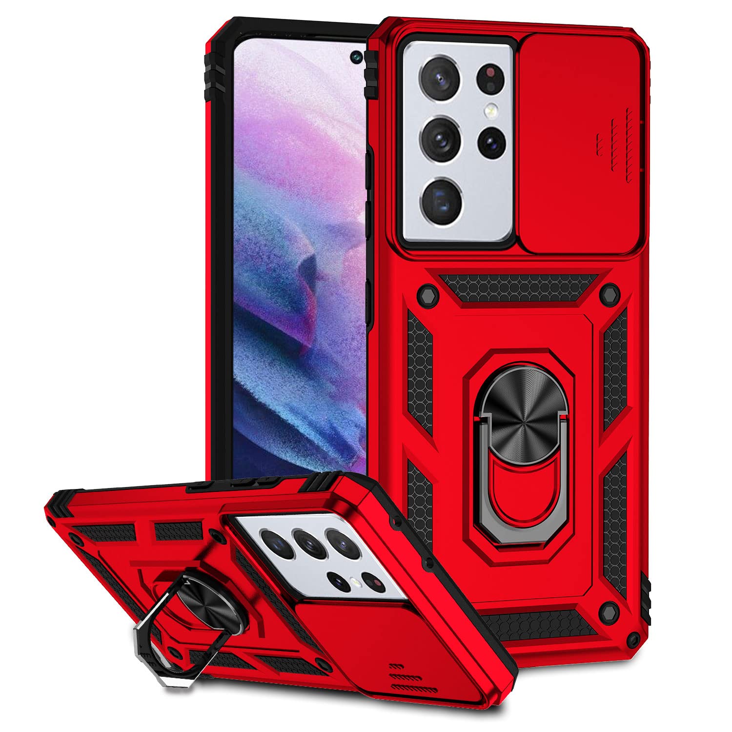Hitaoyou Samsung Galaxy S21 Ultra Case, Galaxy S21 Ultra Case with Camera Cover & Kickstand Military Grade Shockproof Heavy Duty Protective Case for Galaxy S21 Ultra Red