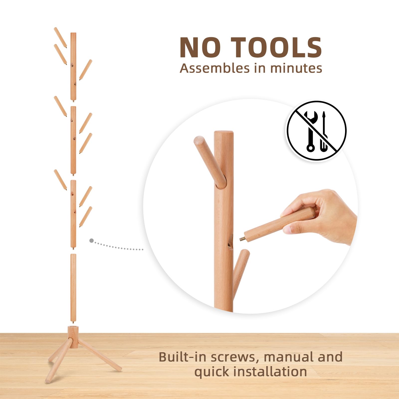 OOOK Solid Wooden Coat Rack Freestanding, Standing Coat Rack with 8 Hooks, 3 Height Options, Suitable for Kids and Adult, Coat Racks Free Standing for Bedroom Office Entrance Log Color