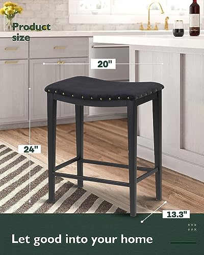 KATDANS Black Bar Stool Counter Height 24 Inches Backless Barstool for Kitchen Counter Modern Saddle Stool Velvet Nailhead Upholstered Faux Leather Stool, KS718PBK, 1Pc