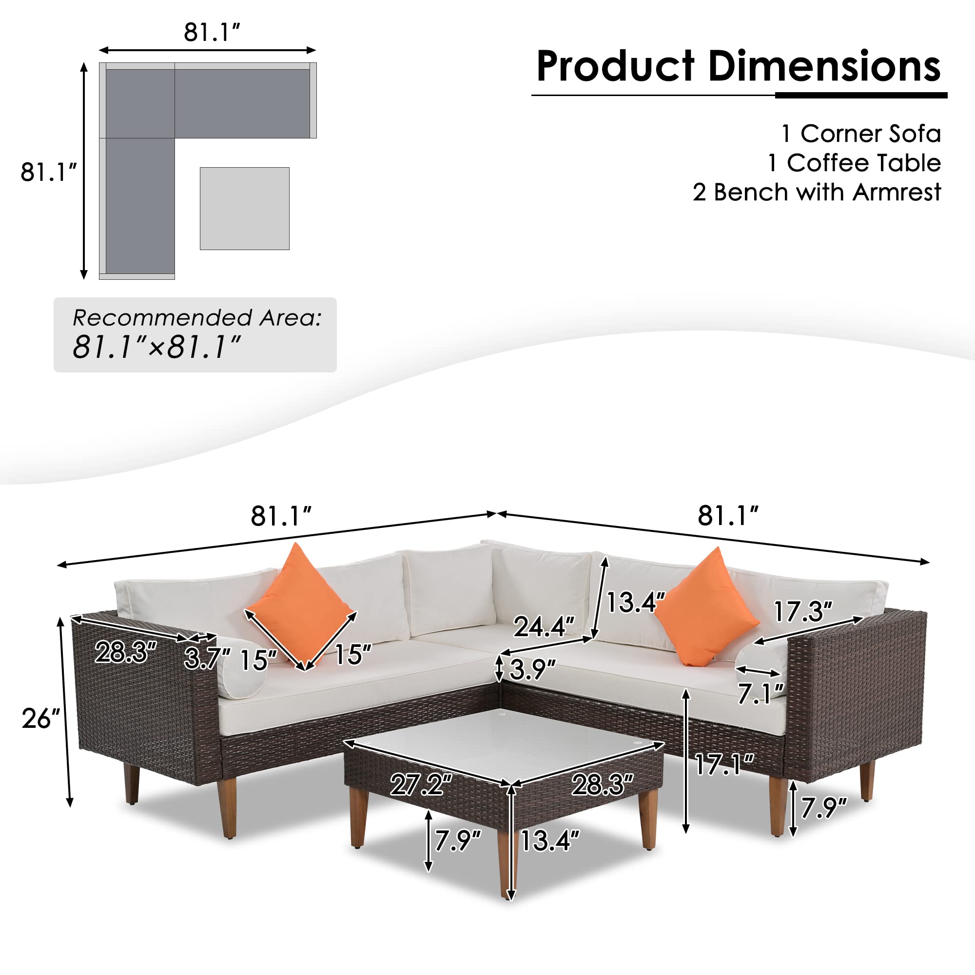 4-Pieces Outdoor PE Wicker Sofa Set with Coffee Table, L-Shape Patio Sofa Set with Colorful Pillows and Solid Wood Legs, All Weather Rattan Waterproof Conversation Seat (Brown+Beige)