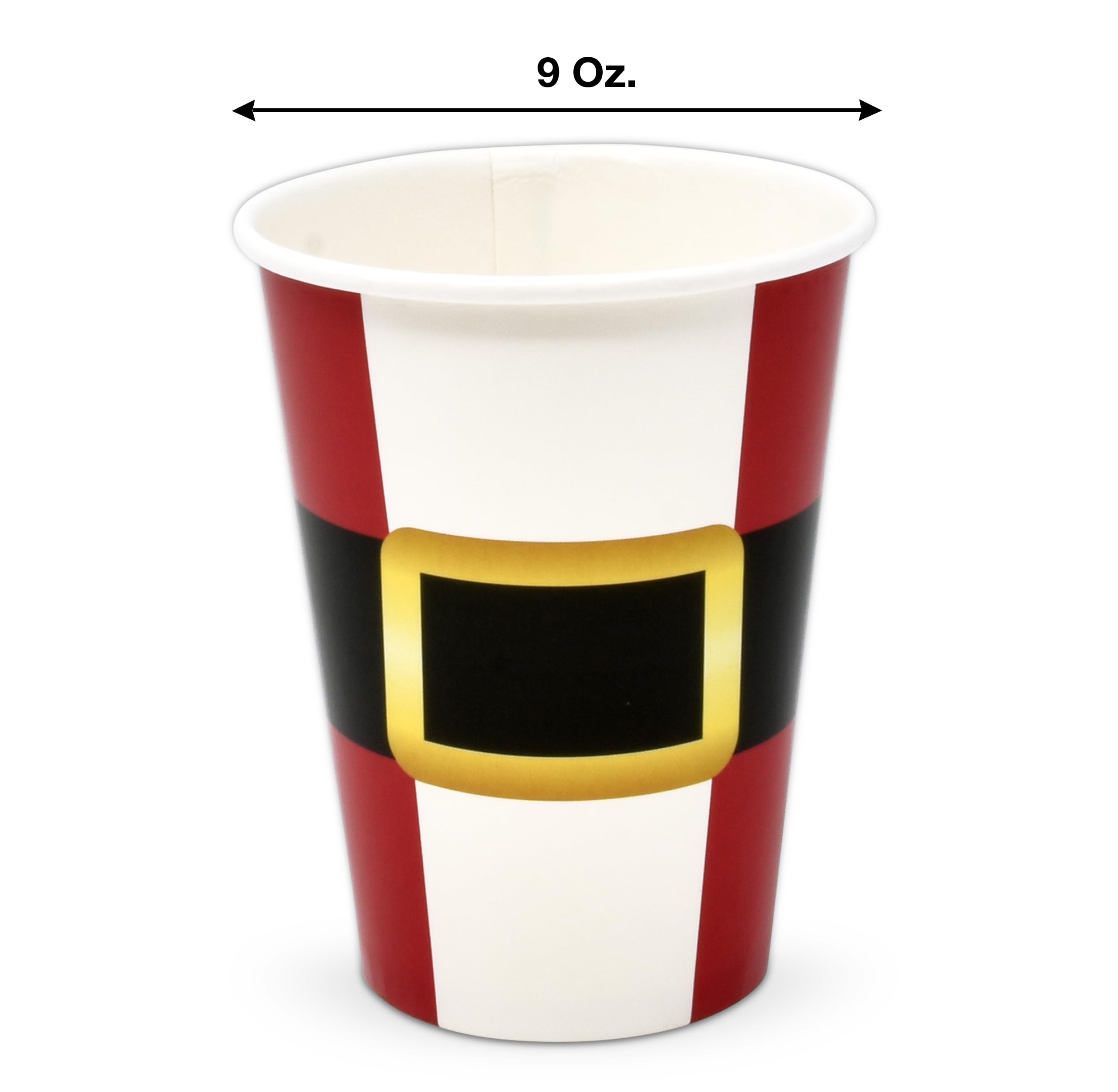 50 Disposable Christmas Santa Belt Cups 9 Oz. Xmas Red & Black Santa's Belts Design Drinking Paper Cup Winter Beverage Drink Dinnerware for Festive Holiday Tableware Party Supplies Decorations