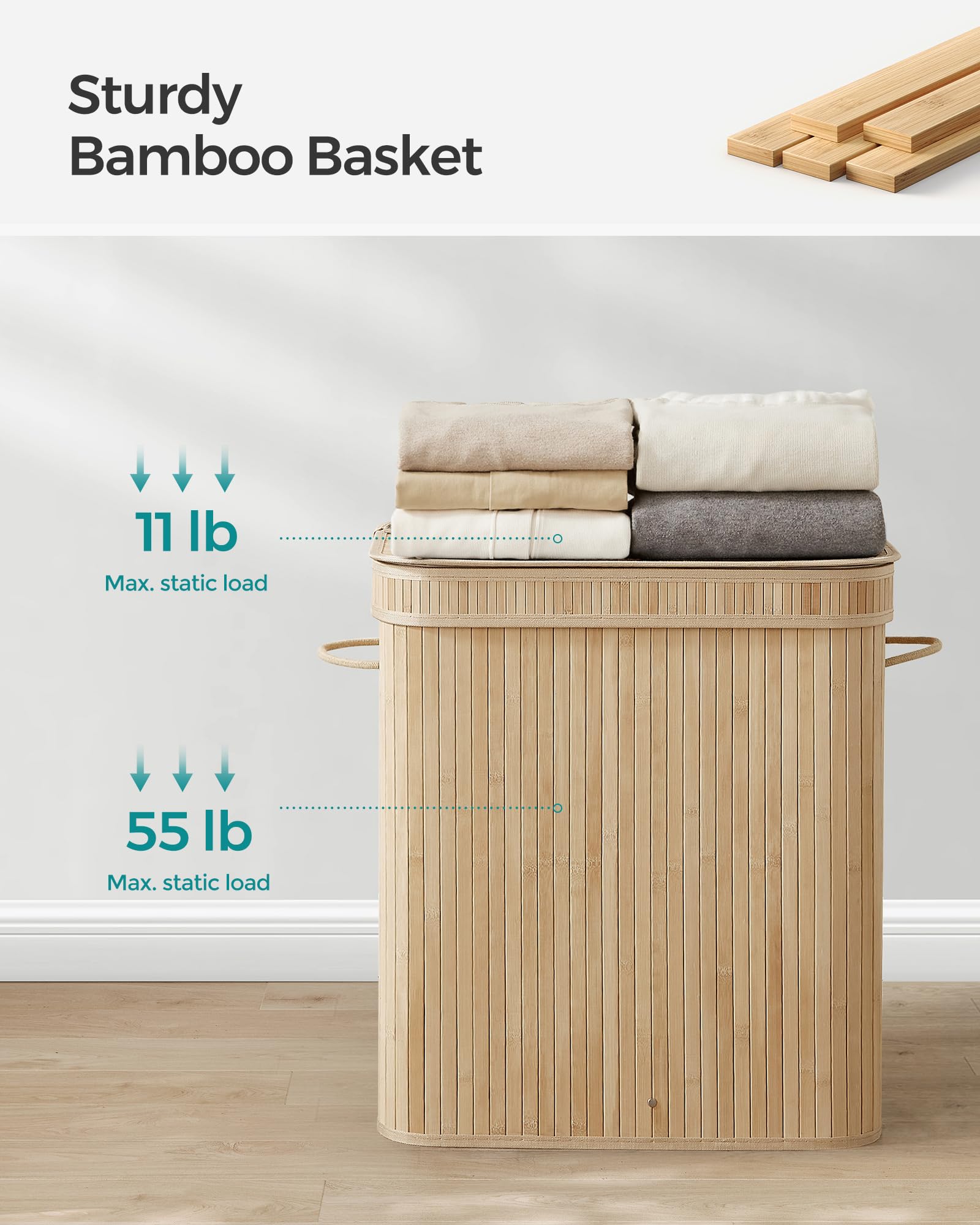 SONGMICS Laundry Hamper with Lid, Bamboo Laundry Basket, Removable Machine Washable Laundry Basket, with Handles, 26.4-Gallons, for Laundry Room, Bedroom, Bathroom, Natural Beige ULCB063N01