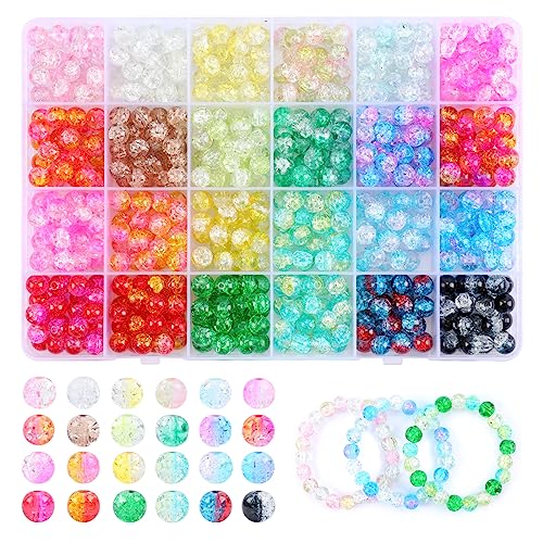 24 Color Glass Beads for Jewelry Making Bracelet Making Kit, DIY Gemstone Beads Crystal Beads, Cracked Glass Beads Round Beads for Women 8mm