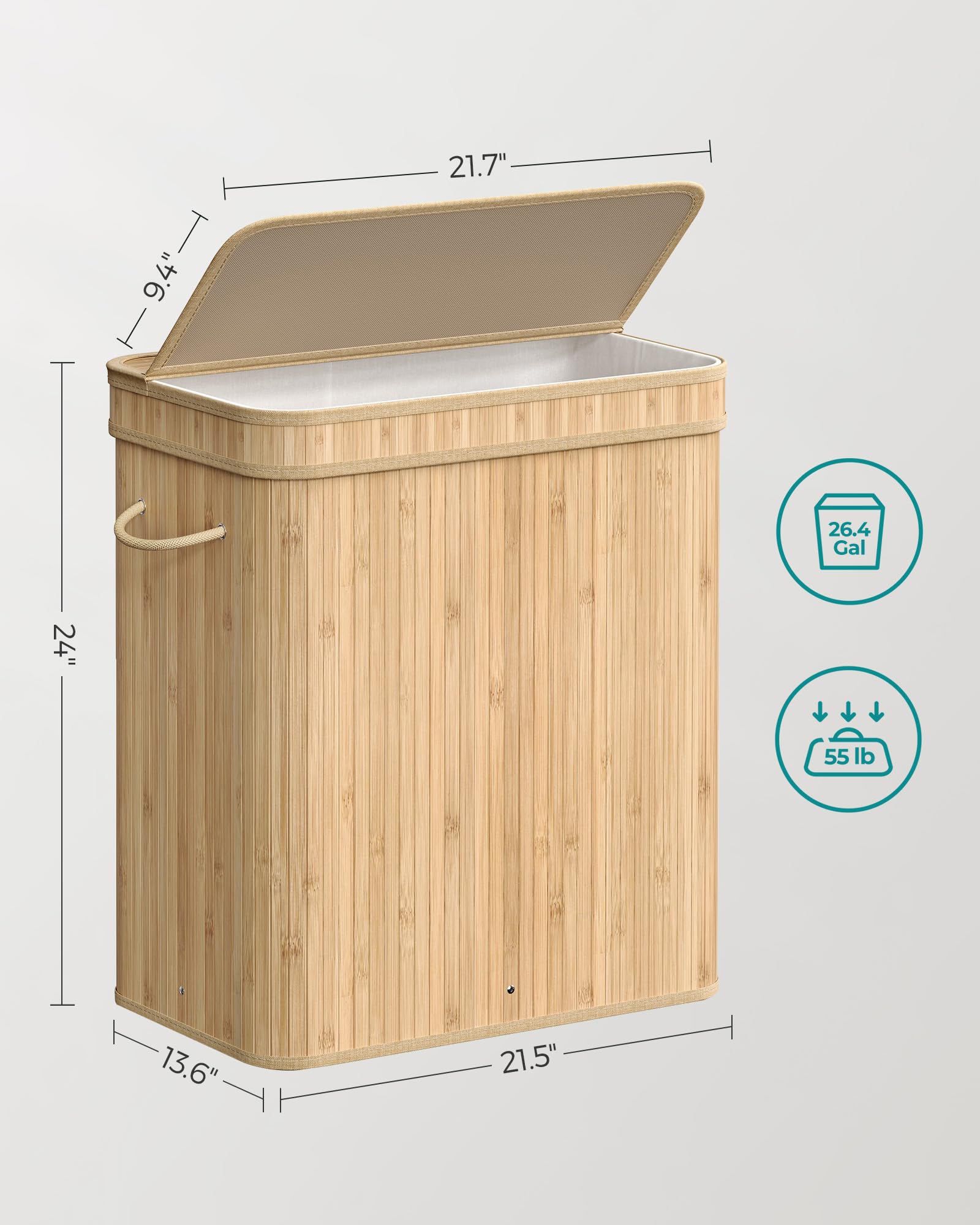 SONGMICS Laundry Hamper with Lid, Bamboo Laundry Basket, Removable Machine Washable Laundry Basket, with Handles, 26.4-Gallons, for Laundry Room, Bedroom, Bathroom, Natural Beige ULCB063N01