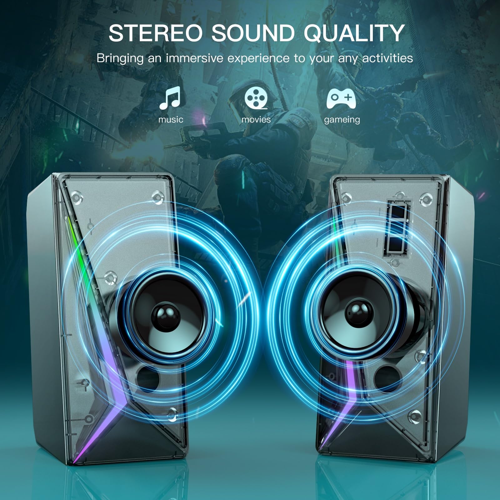 LLEVTIC Computer Speakers, Desktop Speakers with 6 Colorful RGB Lights, Volume Control PC Speakers, USB Powered Gaming Speakers with 3.5mm Aux Cable for PC Monitor Laptop Tablet Phone