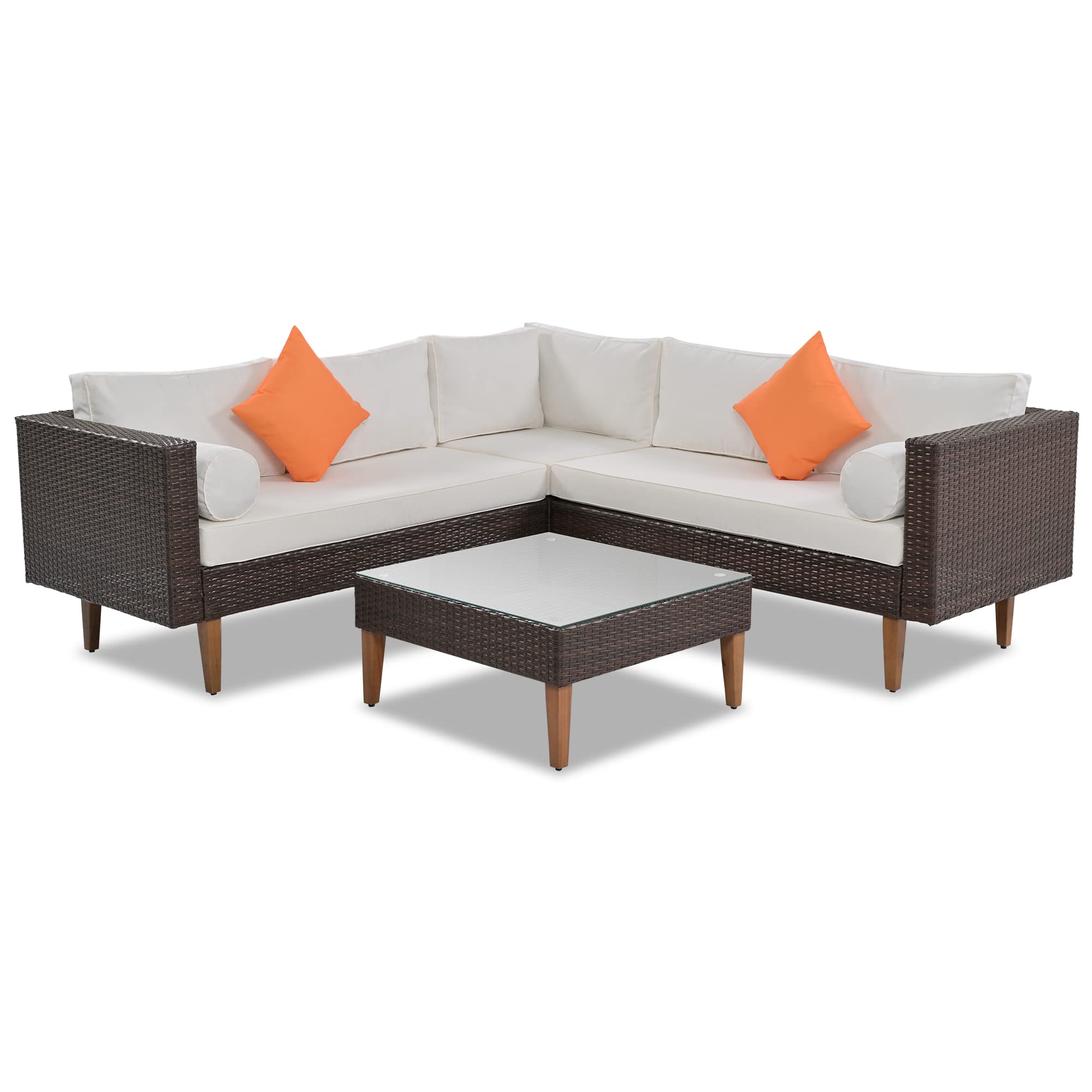 4-Pieces Outdoor PE Wicker Sofa Set with Coffee Table, L-Shape Patio Sofa Set with Colorful Pillows and Solid Wood Legs, All Weather Rattan Waterproof Conversation Seat (Brown+Beige)