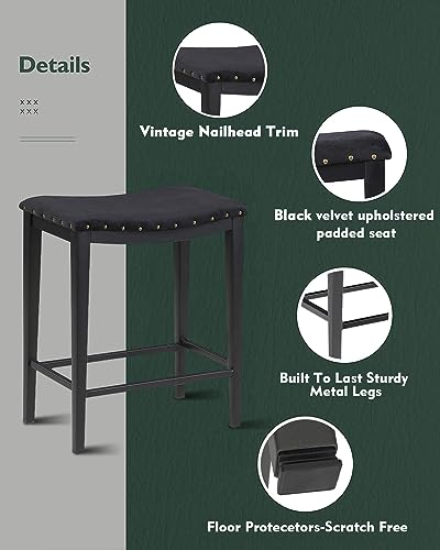 KATDANS Black Bar Stool Counter Height 24 Inches Backless Barstool for Kitchen Counter Modern Saddle Stool Velvet Nailhead Upholstered Faux Leather Stool, KS718PBK, 1Pc