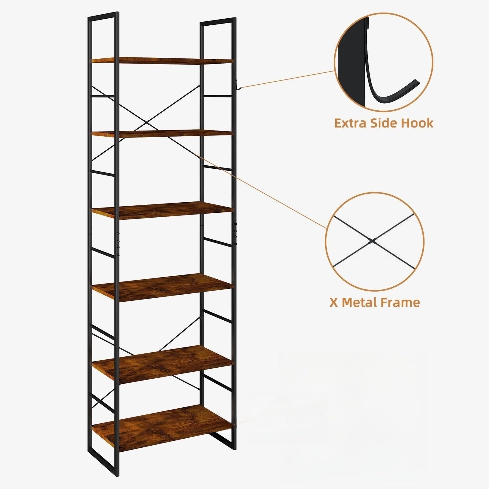 SAILUN 6 Tier Bookshelf, Free Standing Bookcase, Industrial Book Shelf with Metal Frame, Storage Rack Shelves Organizer for Bedroom, Living Room, Home Office,Rustic Brown