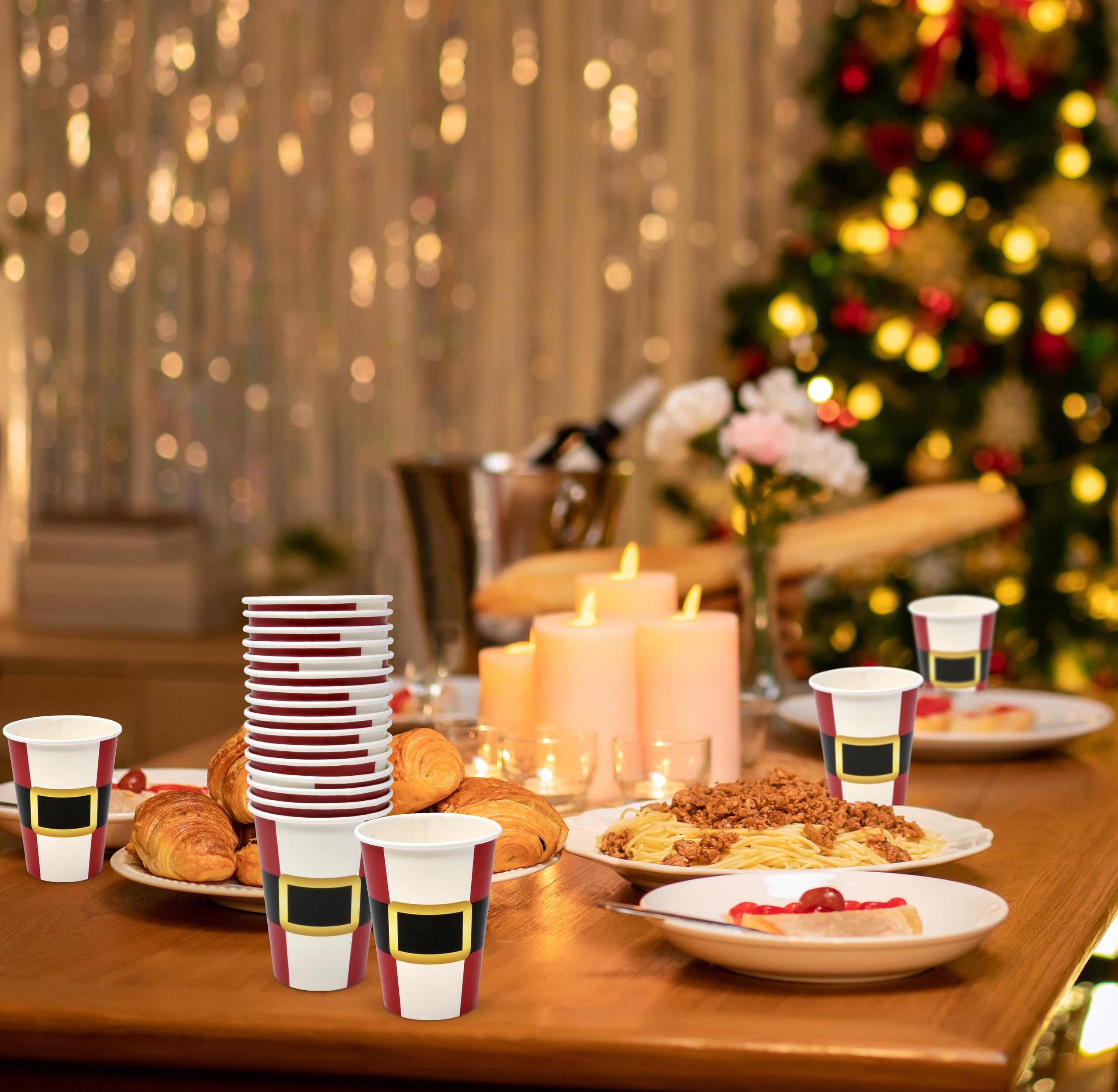 50 Disposable Christmas Santa Belt Cups 9 Oz. Xmas Red & Black Santa's Belts Design Drinking Paper Cup Winter Beverage Drink Dinnerware for Festive Holiday Tableware Party Supplies Decorations