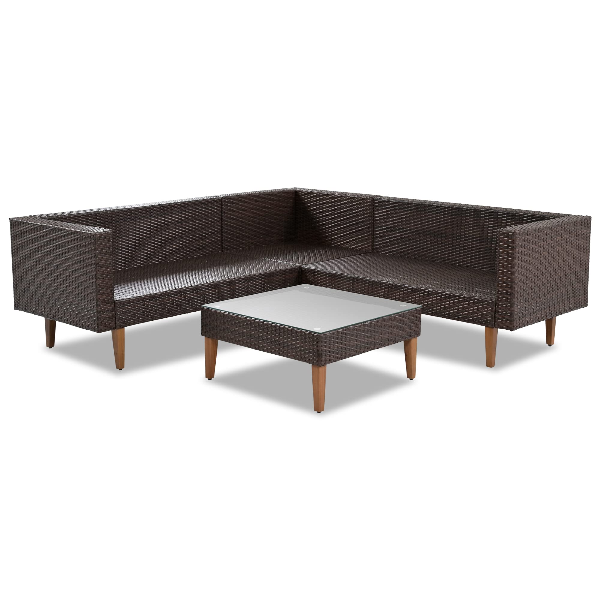 4-Pieces Outdoor PE Wicker Sofa Set with Coffee Table, L-Shape Patio Sofa Set with Colorful Pillows and Solid Wood Legs, All Weather Rattan Waterproof Conversation Seat (Brown+Beige)