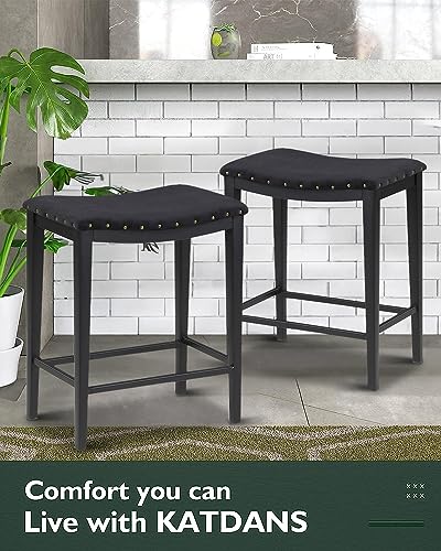 KATDANS Black Bar Stool Counter Height 24 Inches Backless Barstool for Kitchen Counter Modern Saddle Stool Velvet Nailhead Upholstered Faux Leather Stool, KS718PBK, 1Pc