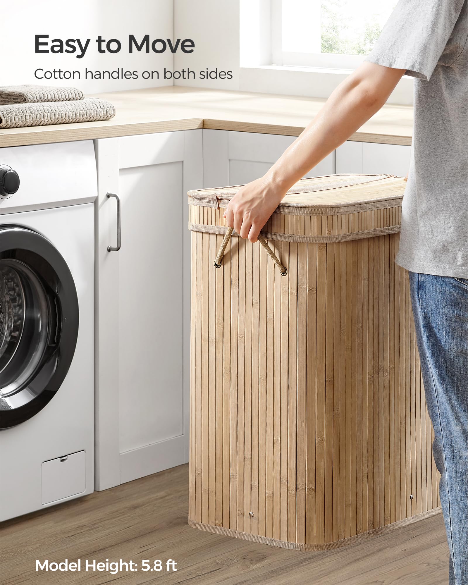 SONGMICS Laundry Hamper with Lid, Bamboo Laundry Basket, Removable Machine Washable Laundry Basket, with Handles, 26.4-Gallons, for Laundry Room, Bedroom, Bathroom, Natural Beige ULCB063N01