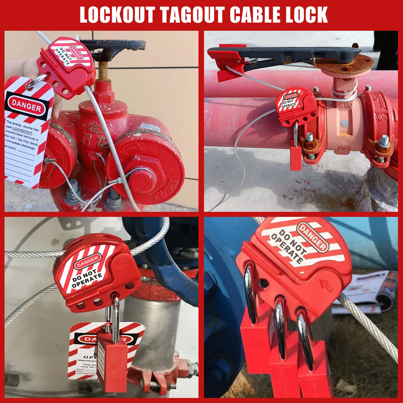 Lockout Tagout Cable Lock 9 PCS Adjustable Loto Steel Cable with Vinyl Coated,1/4" Diameter, 6' Length,for Alamanda Lock Out Tag Out Station Kit