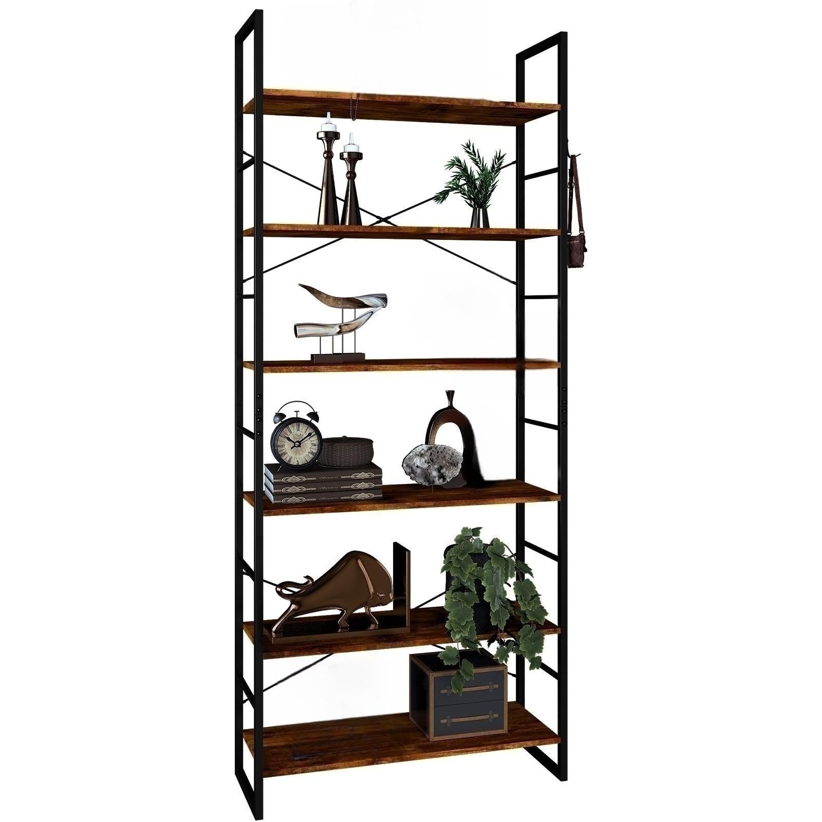 SAILUN 6 Tier Bookshelf, Free Standing Bookcase, Industrial Book Shelf with Metal Frame, Storage Rack Shelves Organizer for Bedroom, Living Room, Home Office,Rustic Brown