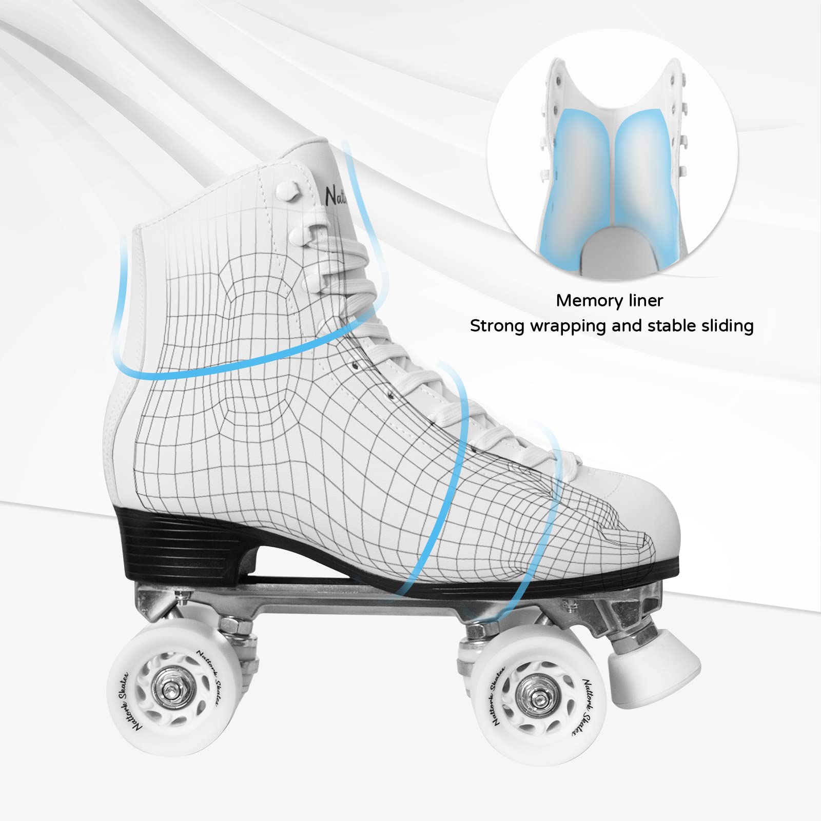 Roller Skates for Women with PU Leather High-top Double Row Rollerskates, Unisex-Adult Indoor Outdoor White Derby Skate Size 7 with Adjustable Fast Braking for Beginner