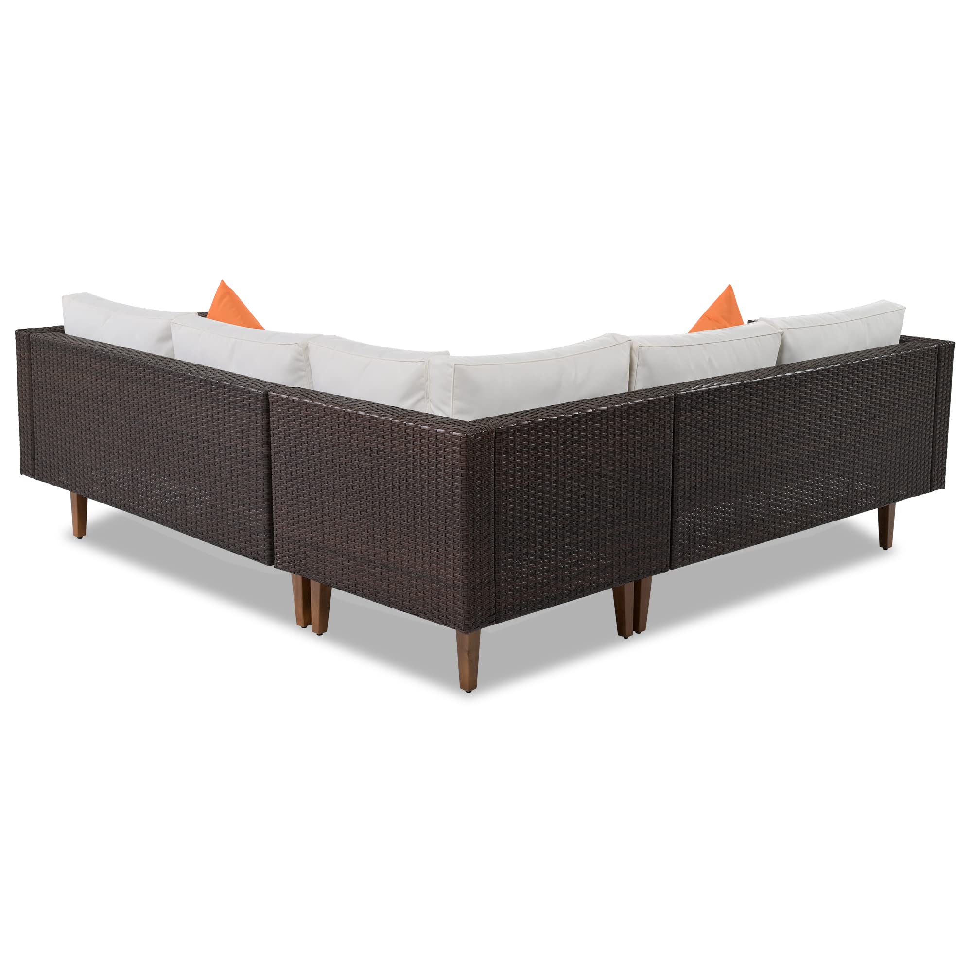 4-Pieces Outdoor PE Wicker Sofa Set with Coffee Table, L-Shape Patio Sofa Set with Colorful Pillows and Solid Wood Legs, All Weather Rattan Waterproof Conversation Seat (Brown+Beige)