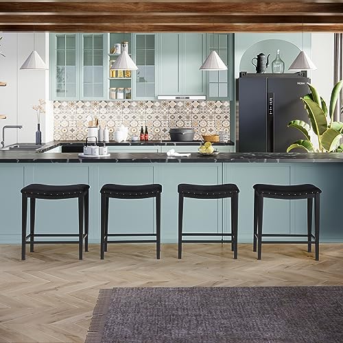 KATDANS Black Bar Stool Counter Height 24 Inches Backless Barstool for Kitchen Counter Modern Saddle Stool Velvet Nailhead Upholstered Faux Leather Stool, KS718PBK, 1Pc
