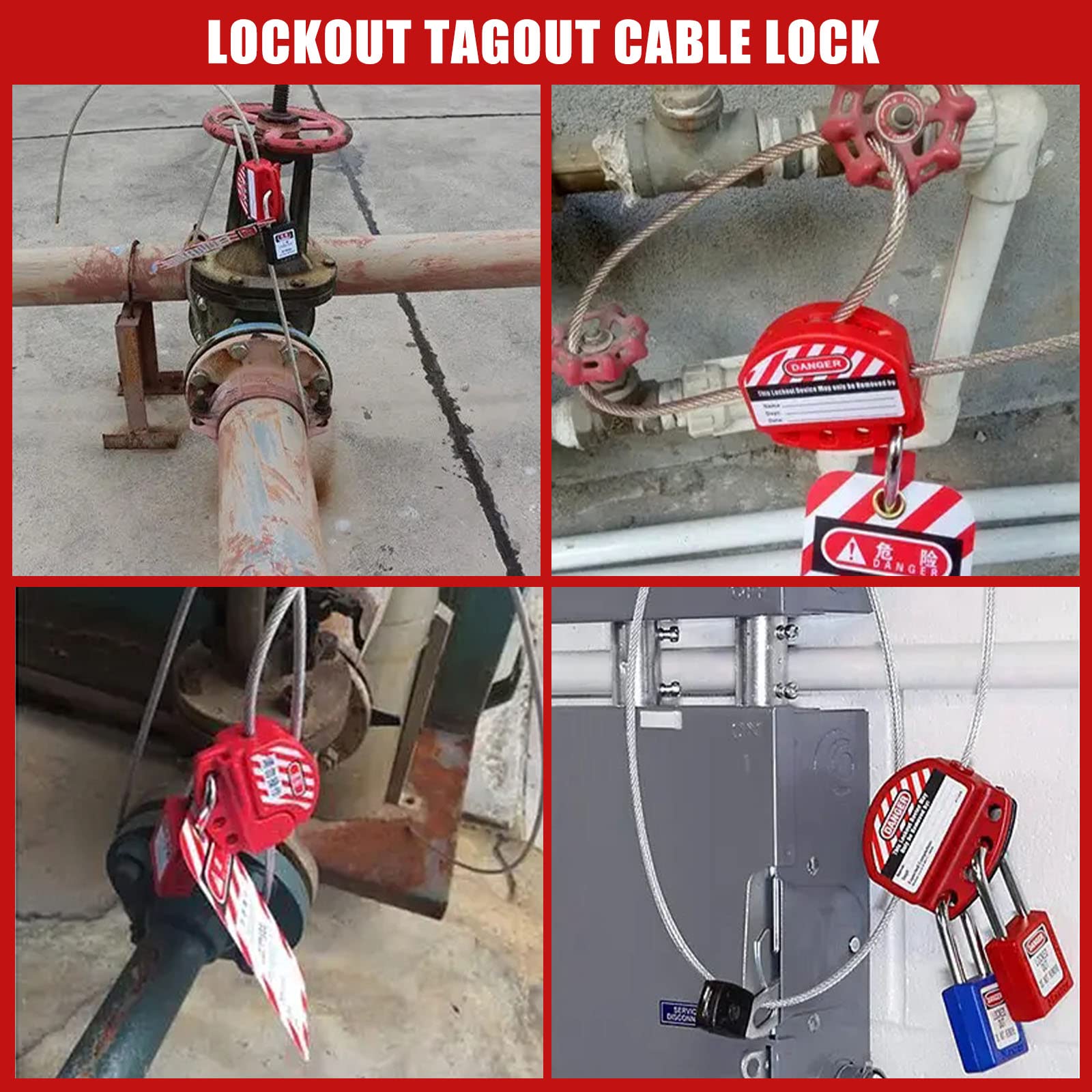 Lockout Tagout Cable Lock 9 PCS Adjustable Loto Steel Cable with Vinyl Coated,1/4" Diameter, 6' Length,for Alamanda Lock Out Tag Out Station Kit