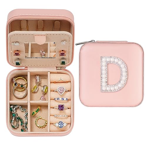 Parima Mothers Day Gifts for Mom - Travel Jewelry Case | Travel Essentials Travel Jewelry Box | Travel Jewelry Organizer | Earring Organizer Ring | Travel Gifts for Women - Letter D, Pink