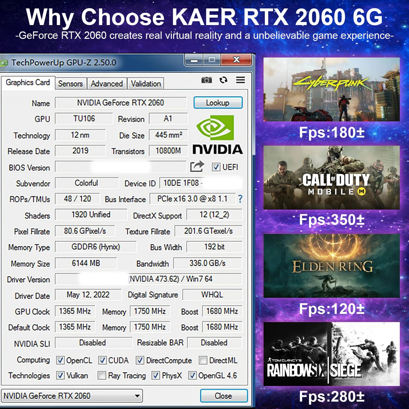KAER Gaming GeForce RTX 2060 6GB GDRR6 192-Bit HDMI/DP/DVI 1680MHz Dual Fans ray-tracing Graphics Card