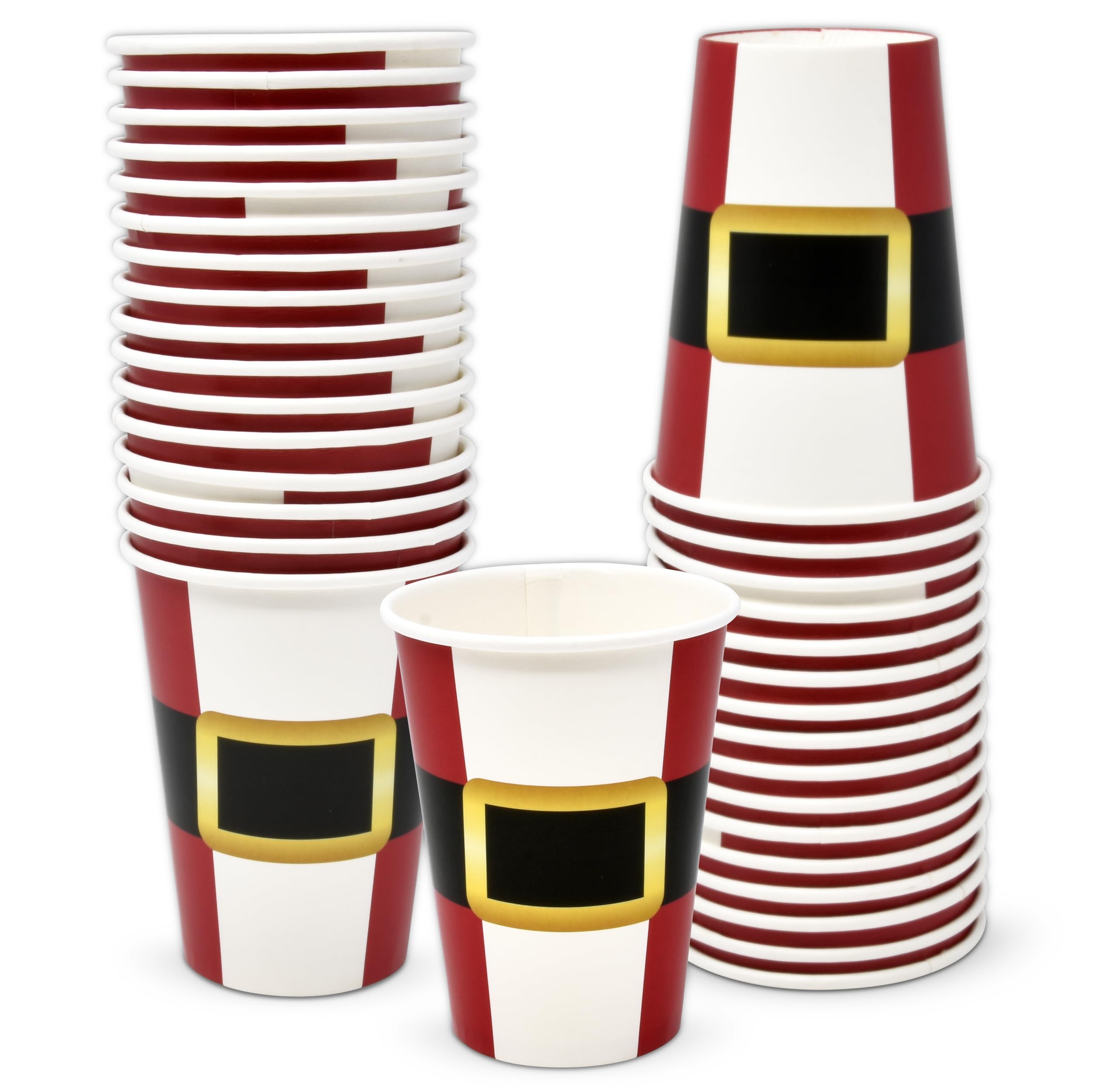 50 Disposable Christmas Santa Belt Cups 9 Oz. Xmas Red & Black Santa's Belts Design Drinking Paper Cup Winter Beverage Drink Dinnerware for Festive Holiday Tableware Party Supplies Decorations