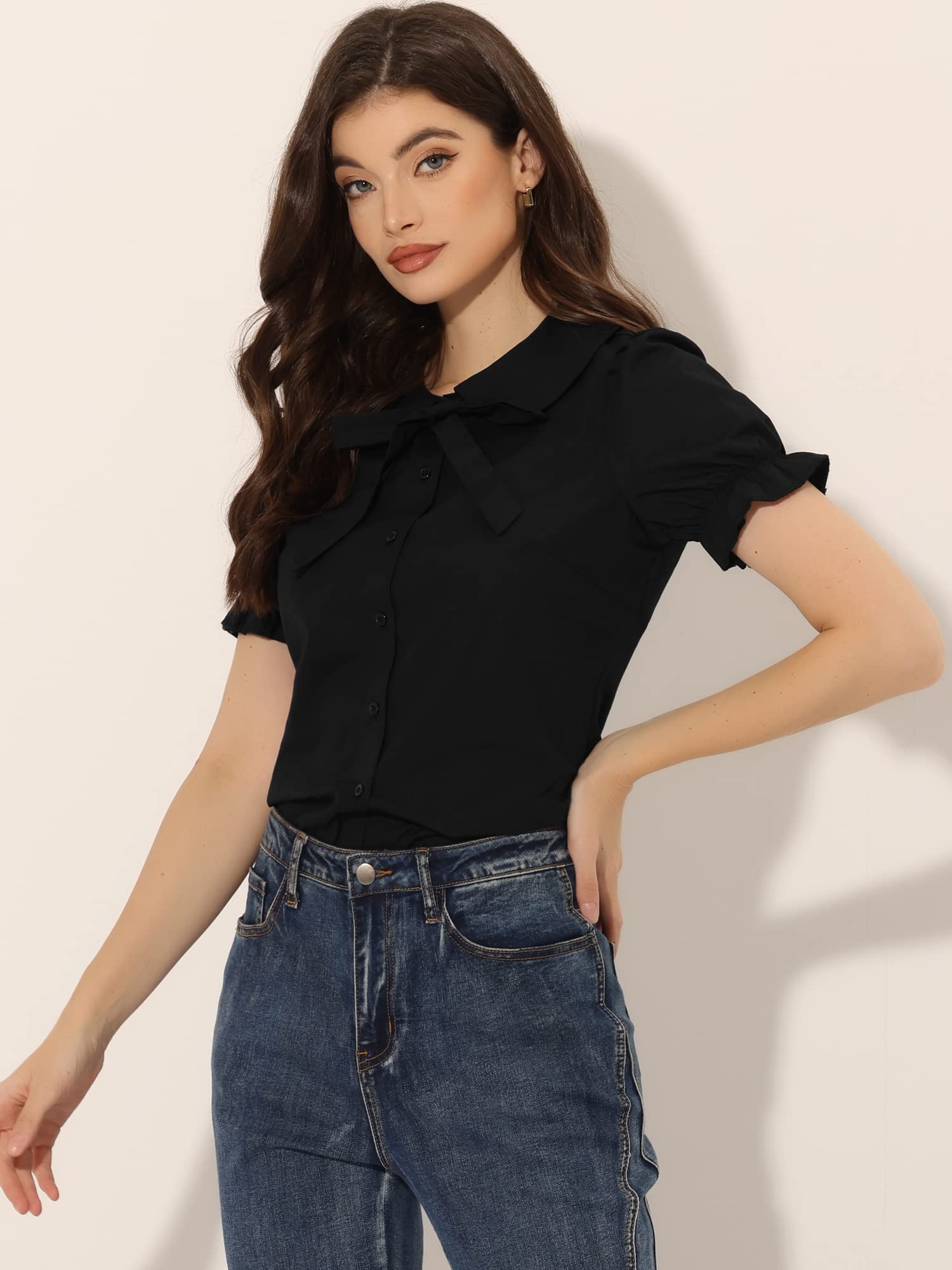 Allegra K Women's Vintage Peter Pan Collar Tie Neck Casual Cute Cotton Button-Up Shirt X-Large Black