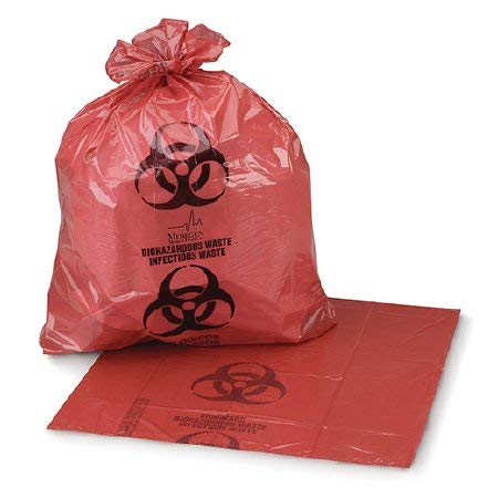 37" x 50" x 1.3 mil 44 Gallon Red Plastic Biohazard Infectious Waste Can Liners, Made in USA (roll of 15 bags)