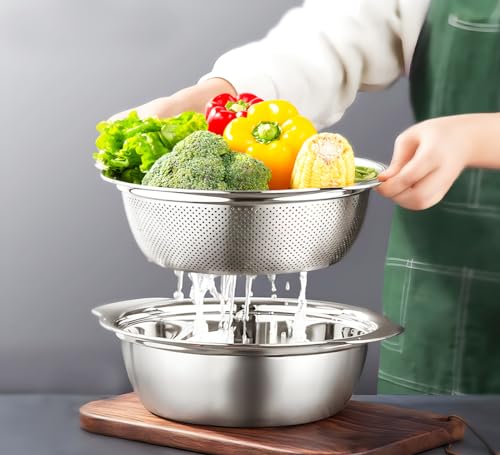 304 Stainless Steel Colander With Handle, 2-Quart Micro-Perforated Strainer Colander Set with Mixing Bowl, BPA Free, Great for Draining Cooked Pasta, Noodles,Washing Vegetables, Fruits(2PC)