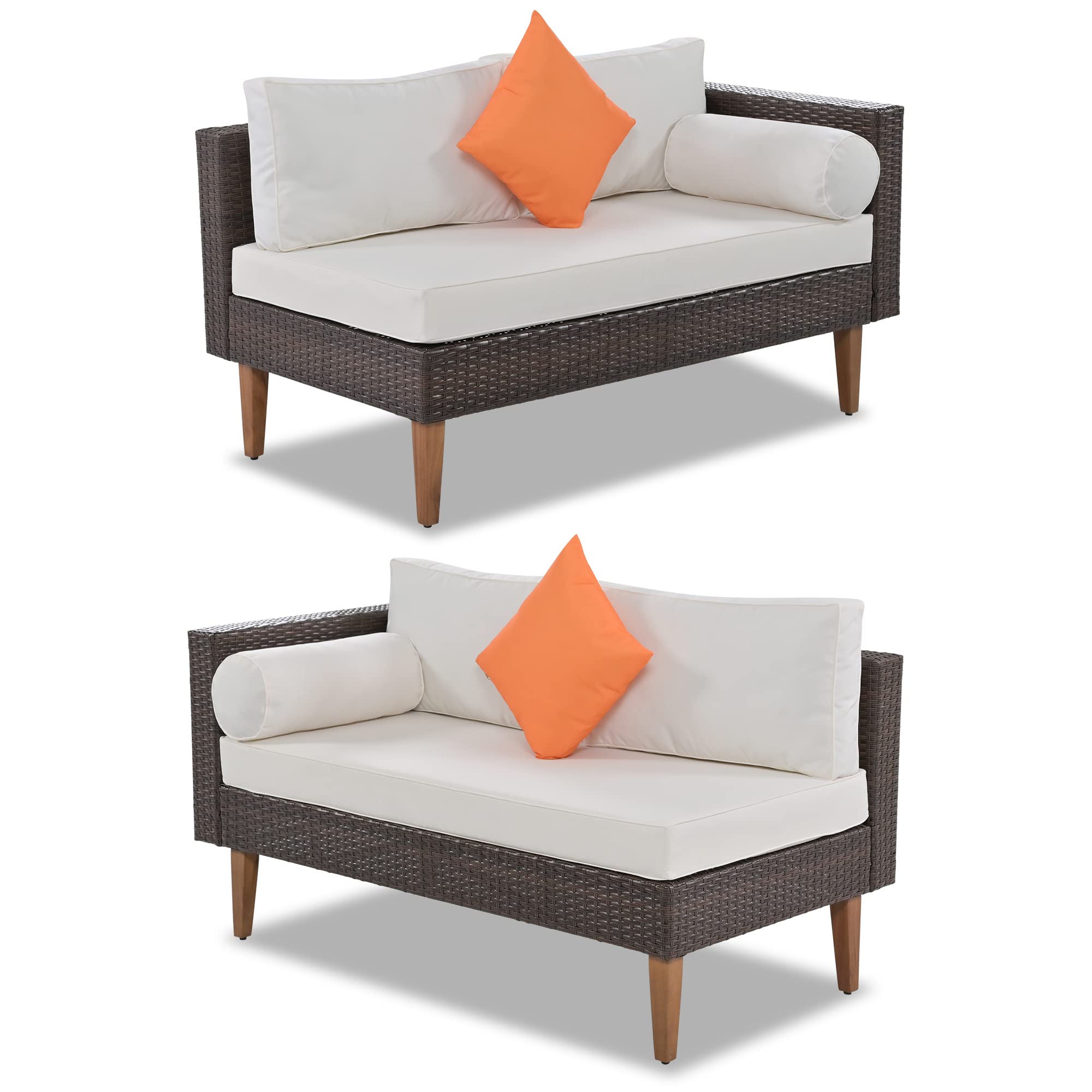 4-Pieces Outdoor PE Wicker Sofa Set with Coffee Table, L-Shape Patio Sofa Set with Colorful Pillows and Solid Wood Legs, All Weather Rattan Waterproof Conversation Seat (Brown+Beige)