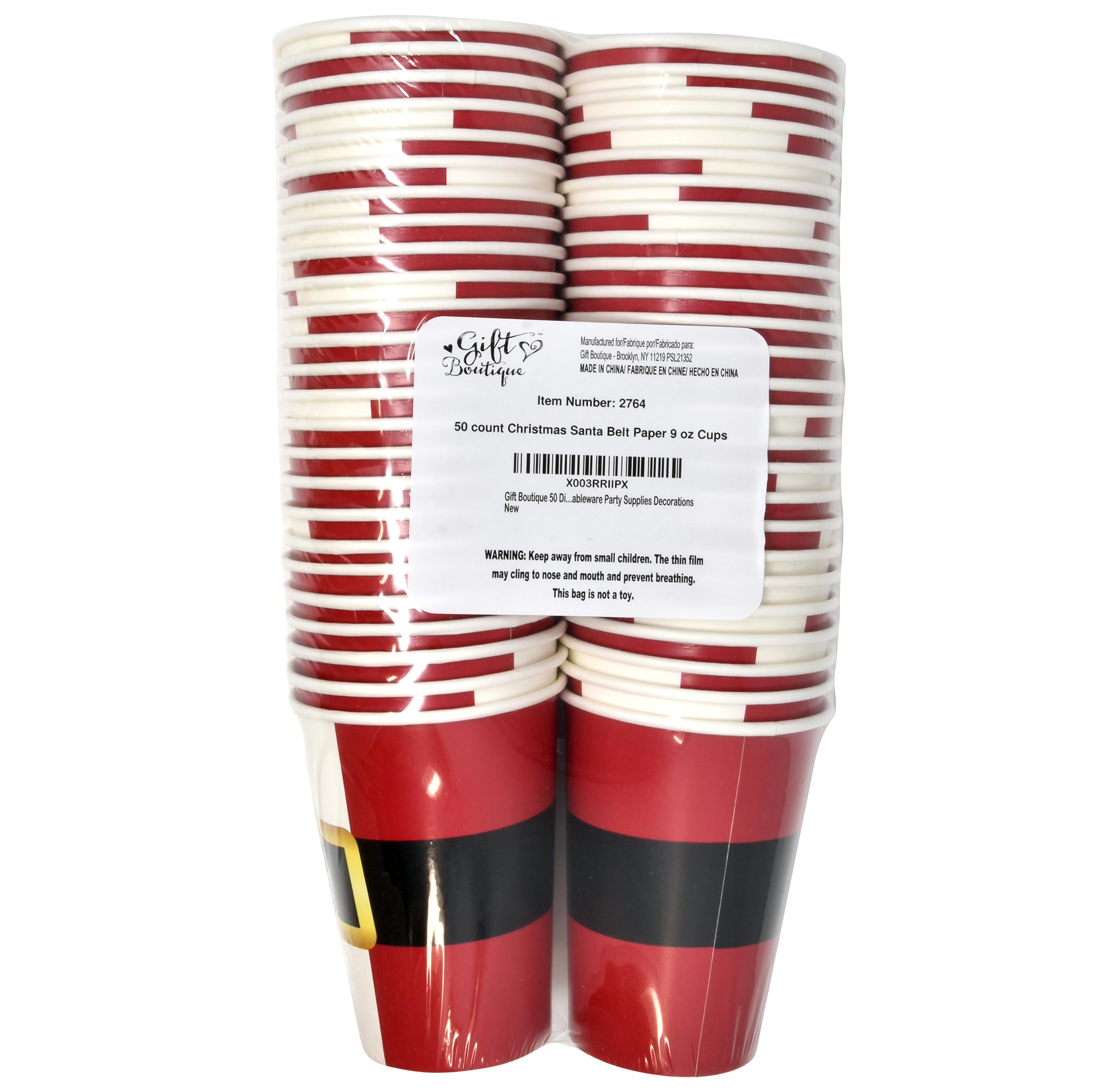 50 Disposable Christmas Santa Belt Cups 9 Oz. Xmas Red & Black Santa's Belts Design Drinking Paper Cup Winter Beverage Drink Dinnerware for Festive Holiday Tableware Party Supplies Decorations