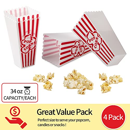 Plastic Popcorn Containers Red & White Striped Retro Style Reusable Popcorn Boxes for Movie Night 4βx8β (4 Pack)