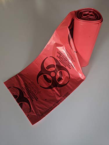 37" x 50" x 1.3 mil 44 Gallon Red Plastic Biohazard Infectious Waste Can Liners, Made in USA (roll of 15 bags)