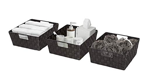 Sorbus Woven Basket Bin Set - Shelf Storage ToteĀ Baskets for Household Items - Stackable with Woven Straps & Built-in Carry Handles (Black)