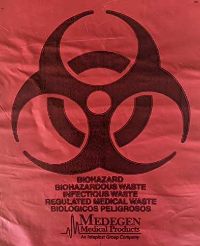 37" x 50" x 1.3 mil 44 Gallon Red Plastic Biohazard Infectious Waste Can Liners, Made in USA (roll of 15 bags)