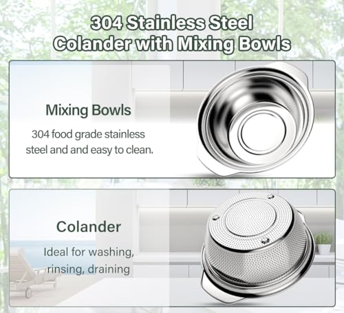 304 Stainless Steel Colander With Handle, 2-Quart Micro-Perforated Strainer Colander Set with Mixing Bowl, BPA Free, Great for Draining Cooked Pasta, Noodles,Washing Vegetables, Fruits(2PC)